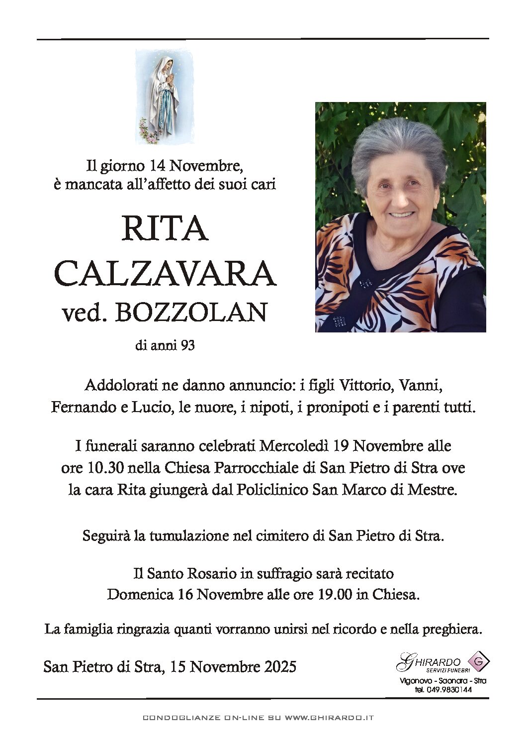 CALZAVARA RITA ved. BOZZOLAN – Ghirardo